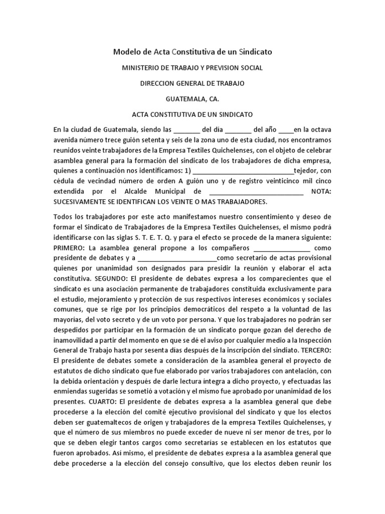 Modelo de Acta Constitutiva de Un Sindicato | PDF Modelo de Acta Constitutiva de Un Sindicato | PDF