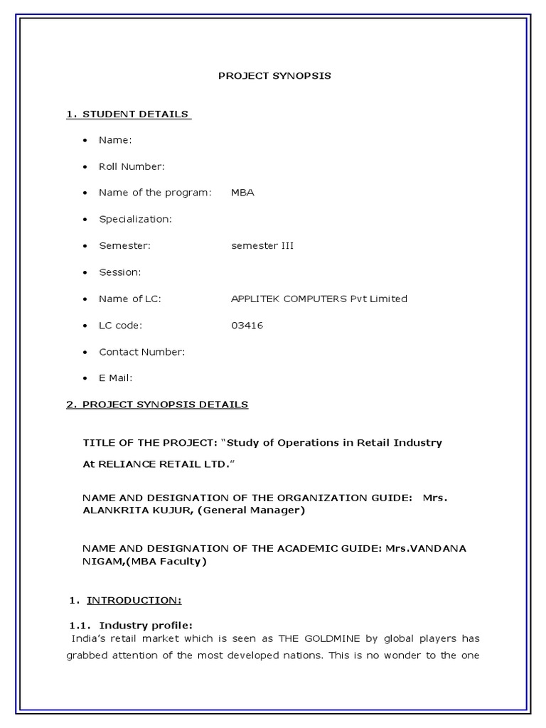Project Synopsis (Mba - Operation) | PDF | Data Analysis | Retail