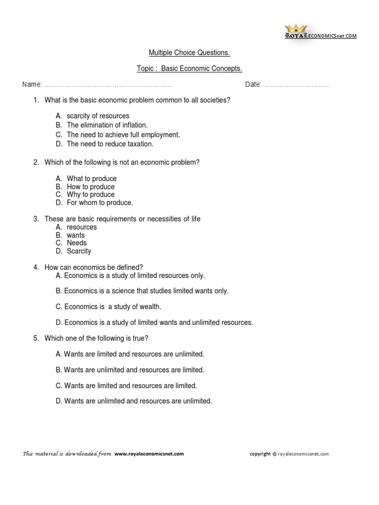 Multiple Choice Questions 1 | PDF | Resource | Economics