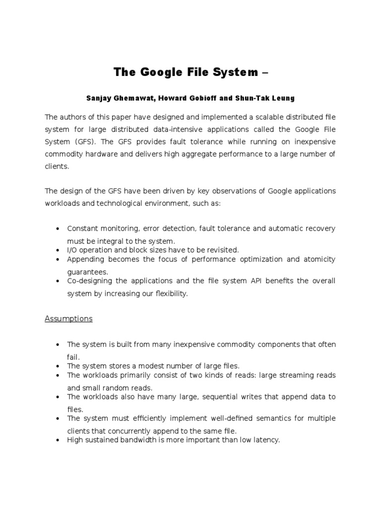 Google File System Paper - Summary | PDF | File System | Server (Computing)