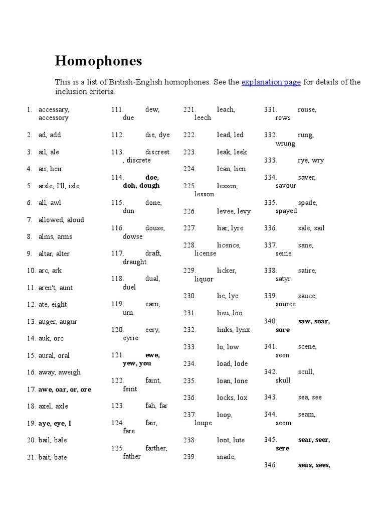 Homophones: This Is A List of British-English Homophones. See The For ...