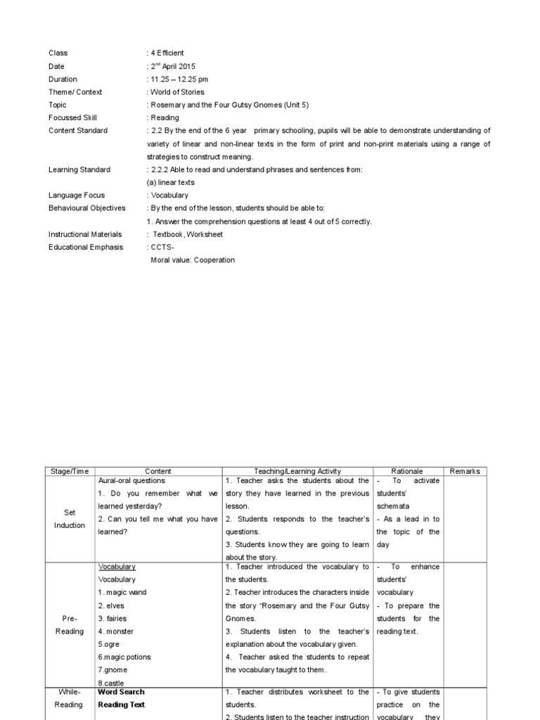 Lesson Plan Year 4 | Download Free PDF | Reading Comprehension | Lesson ...