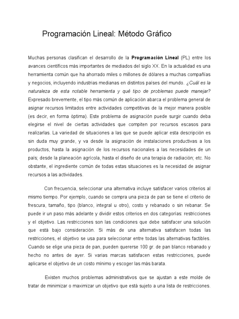 Programación Lineal Método Gráfico | PDF