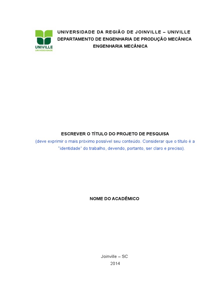Modelo De Projeto De Pesquisa Para Tcc2014 Simplificado 1 Pdf