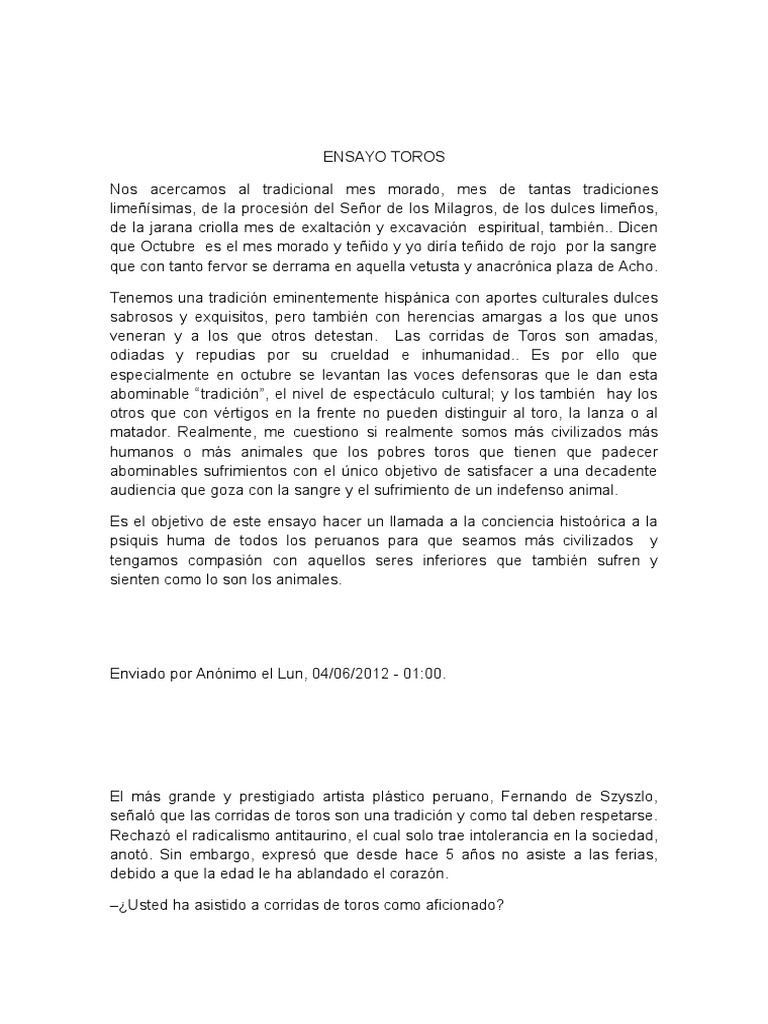 Reflexiones sobre las Corridas de Toros | PDF | Toreo | Tolerancia