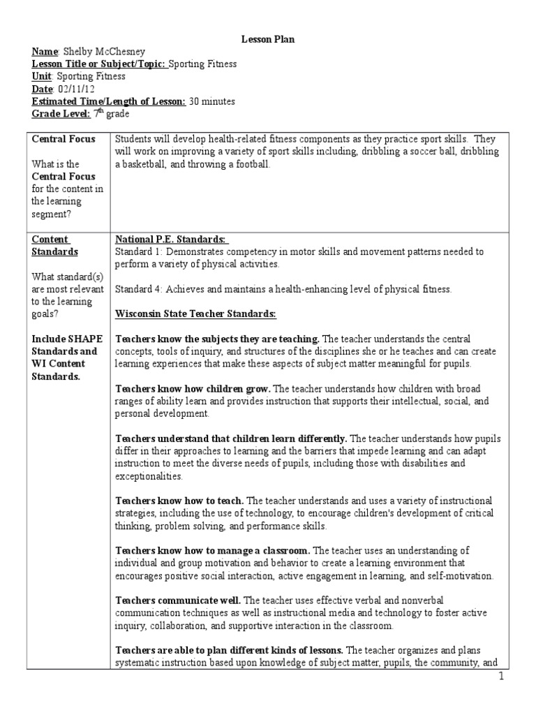 Sporting Fitness Lesson Plan | PDF | Teachers | Lesson Plan
