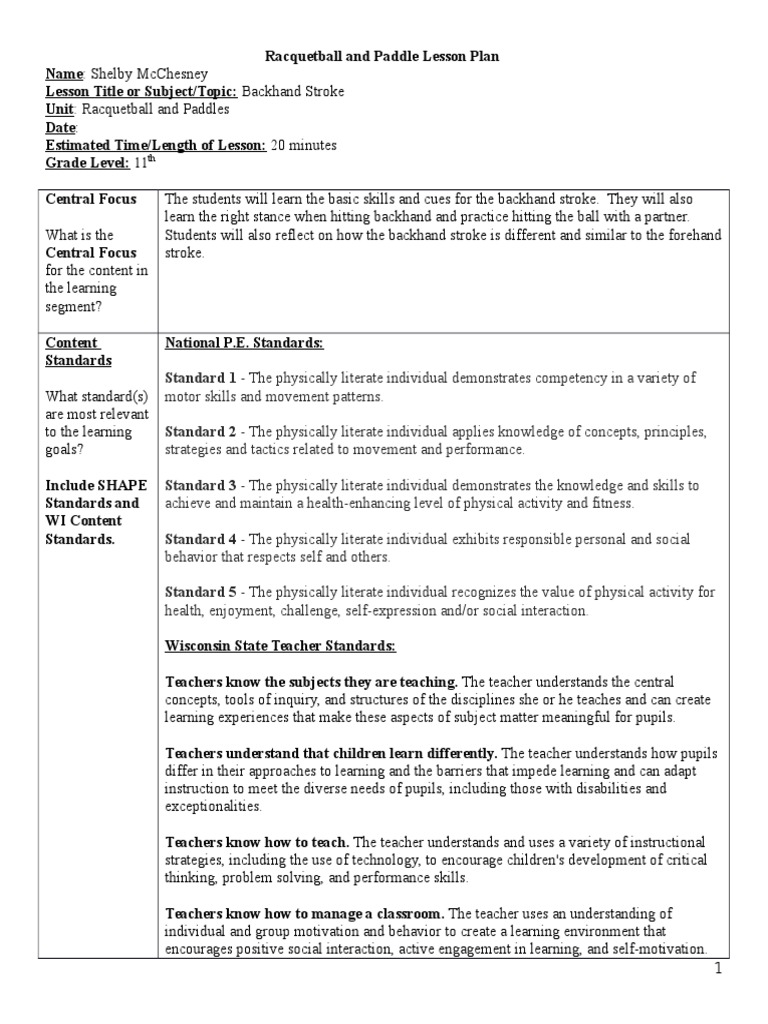 Racquetball and Paddles Lesson Plan | PDF | Teachers | Lesson Plan
