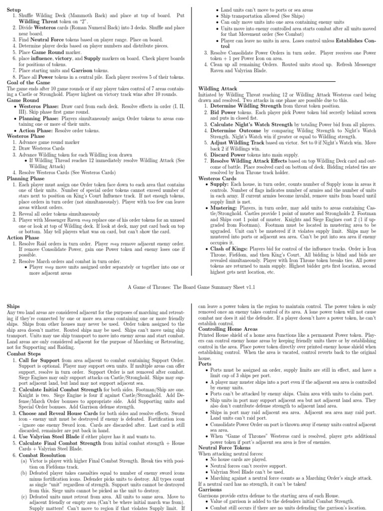 Game of Thrones Board Game Cheat Sheet | PDF | Military | Warfare