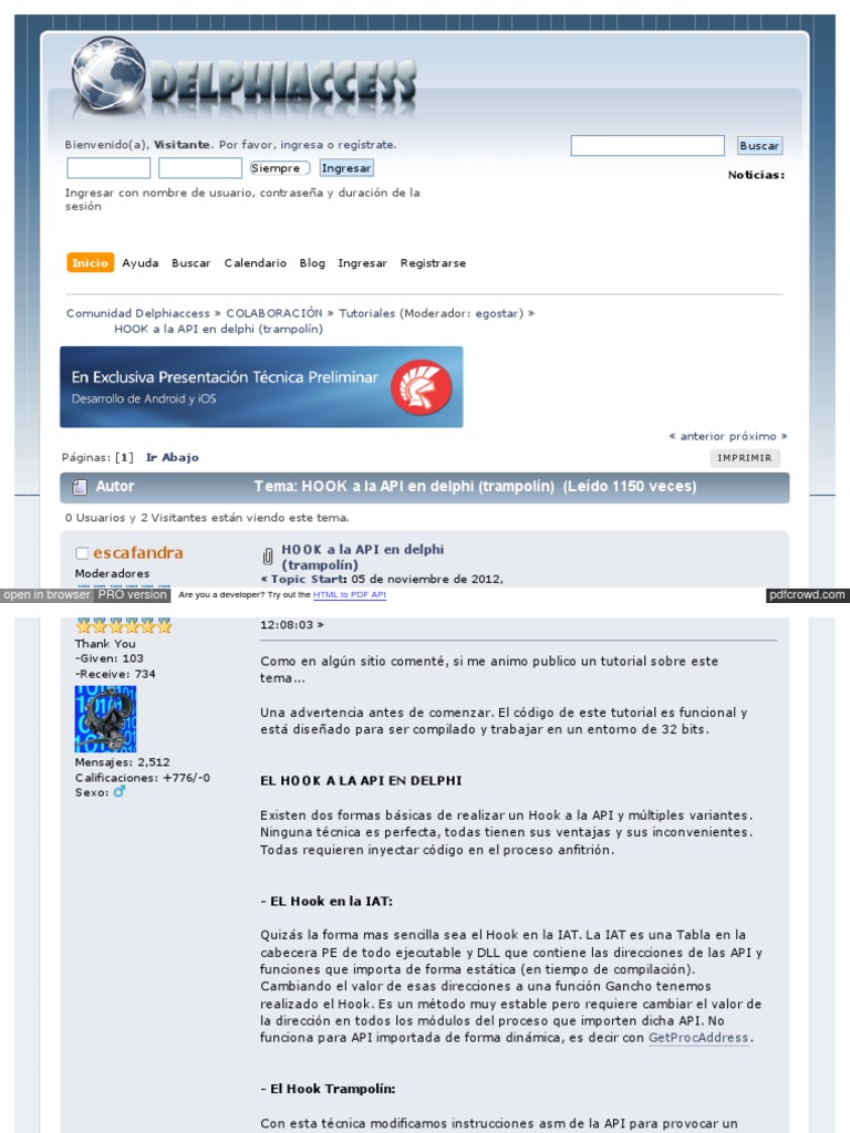 Hook A La Api en Delphi | PDF | Puntero (Programación de computadora ...