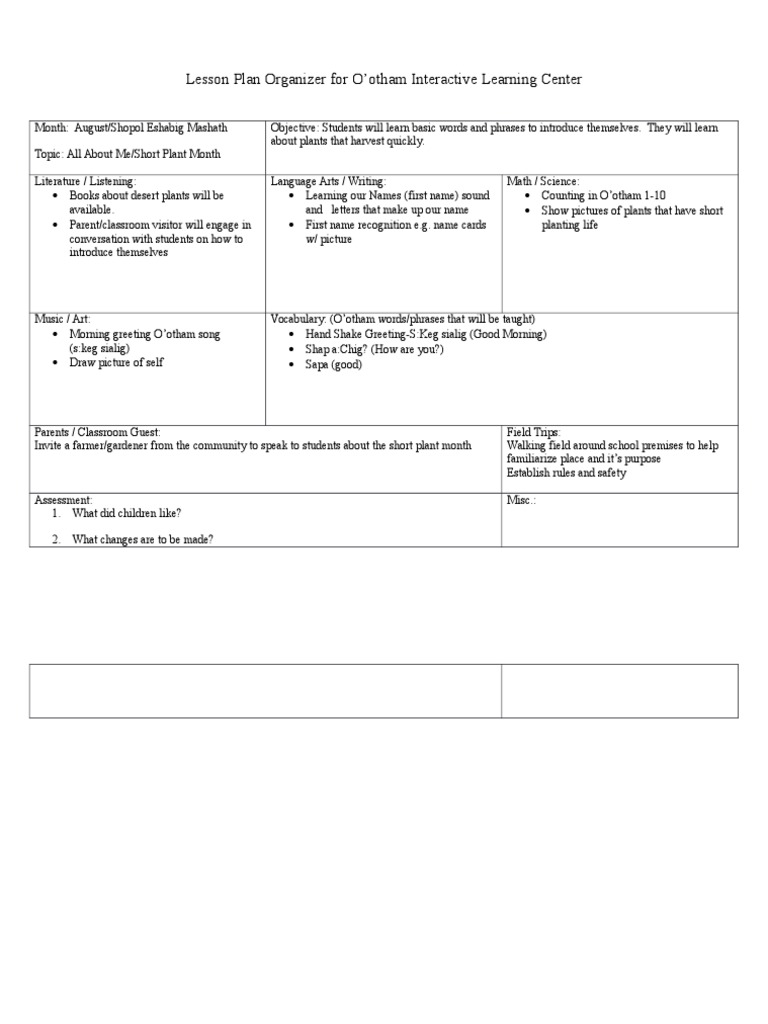 Lesson Plan Organizer For O'otham Interactive Learning Center | PDF