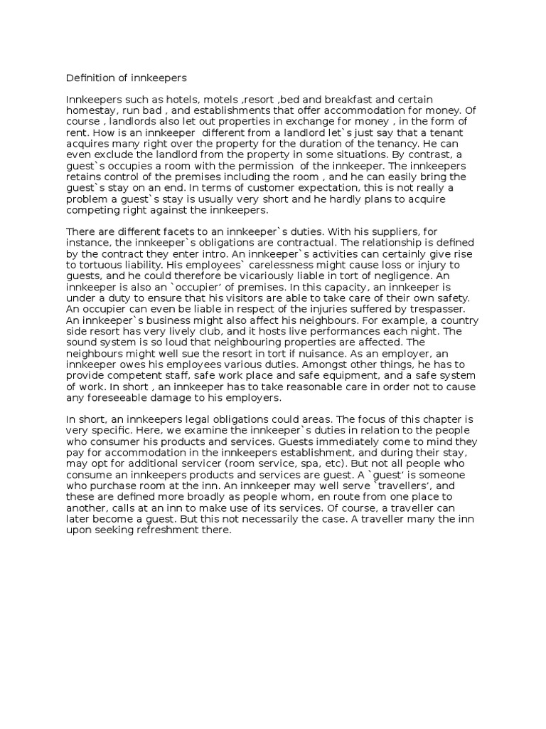 Definition of Innkeepers | PDF | Inn | Leasehold Estate
