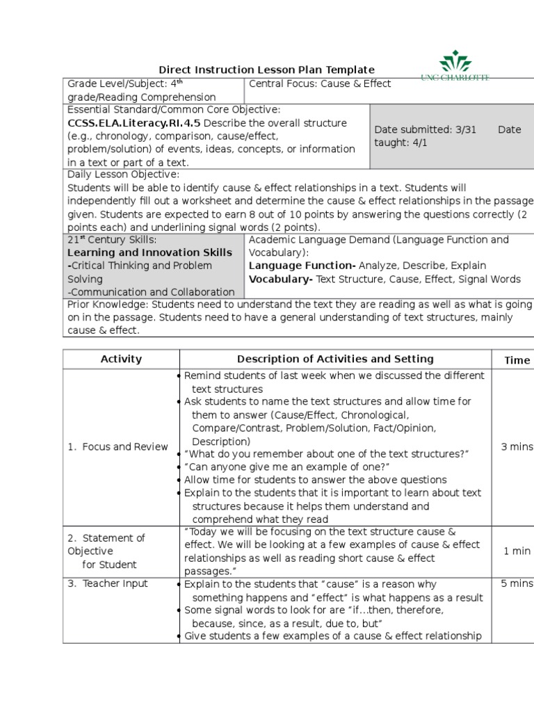 Cause and Effect Lesson Plan for 4th Grade | PDF | Reading ...