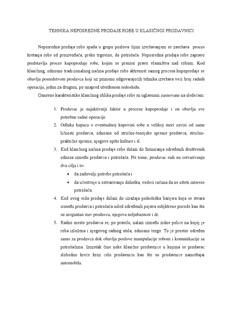 Tehnika Neposredne Prodaje Robe U Klasičnoj Prodavnici | PDF