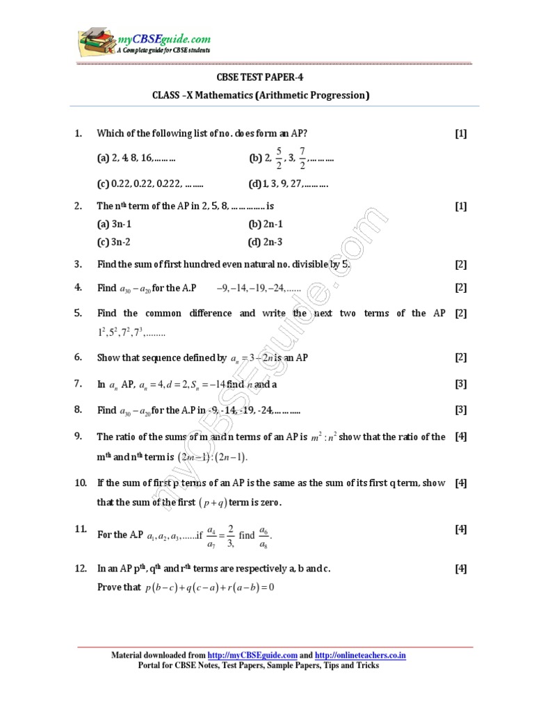 Cbse Test Paper-4 CLASS - X Mathematics (Arithmetic Progression) | PDF
