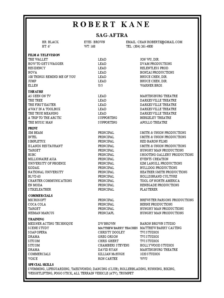 Robert Kane Acting Resume Overview | PDF | Art