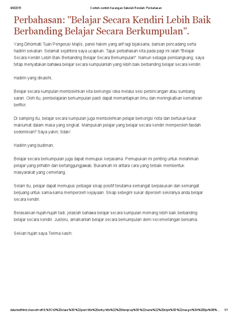 Contoh-Contoh Karangan Sekolah Rendah - Perbahasan | PDF