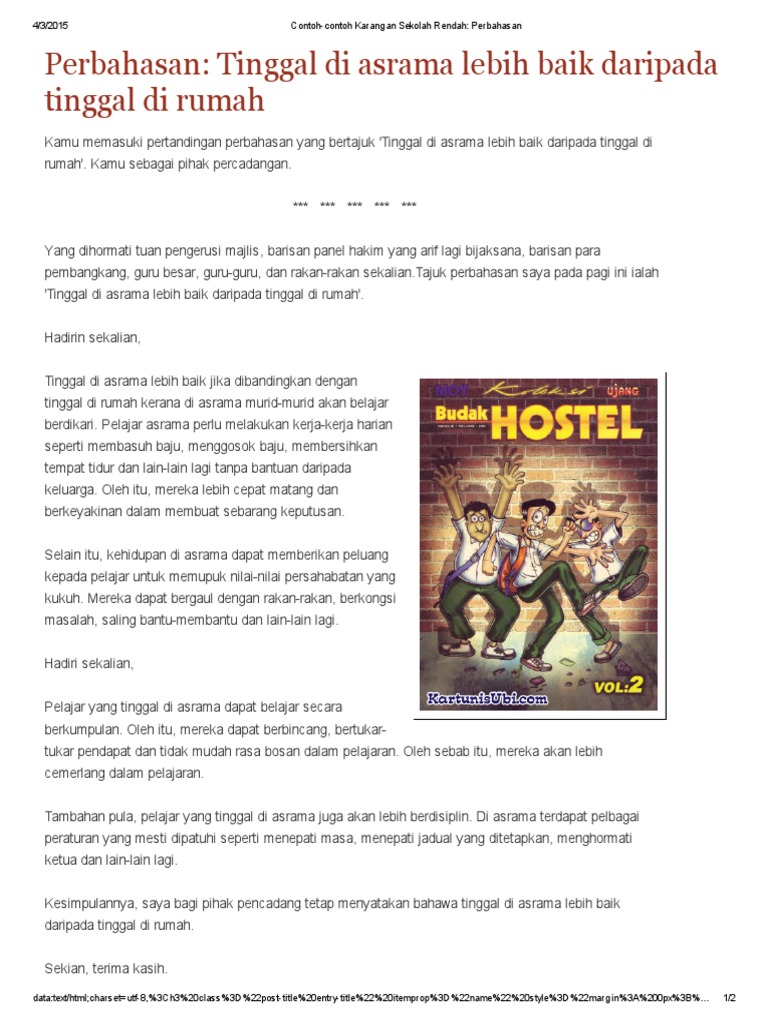 Contoh-Contoh Karangan Sekolah Rendah - Perbahasan - Tinggal Di Asrama ...