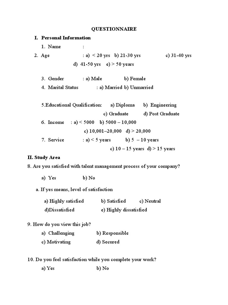 Questionnaire I. Personal Information | PDF | Career & Growth