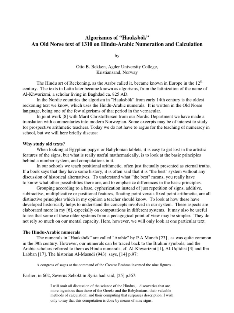 Algorismus of "Hauksbók" An Old Norse Text of 1310 On Hindu-Arabic ...