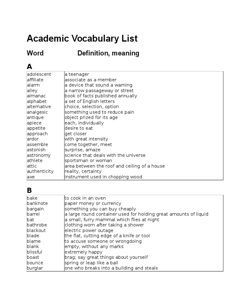 Comprehensive Academic Vocabulary List | PDF | Senses | Water
