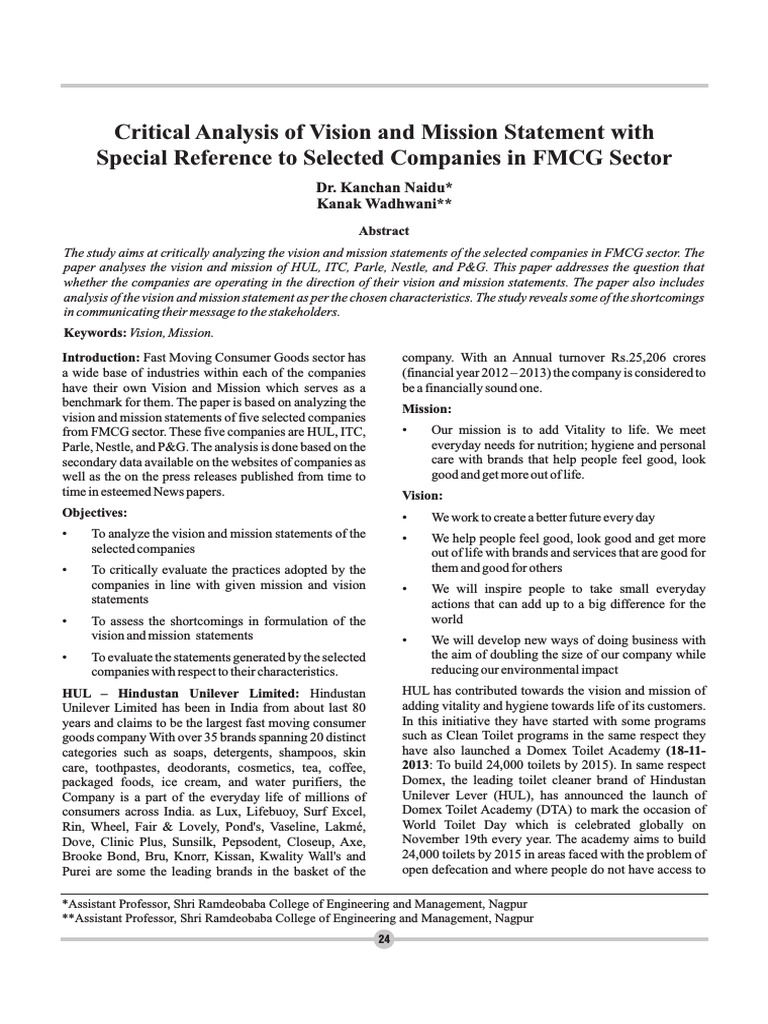 Critical Analysis of Vision and Mission Statement With Special ...