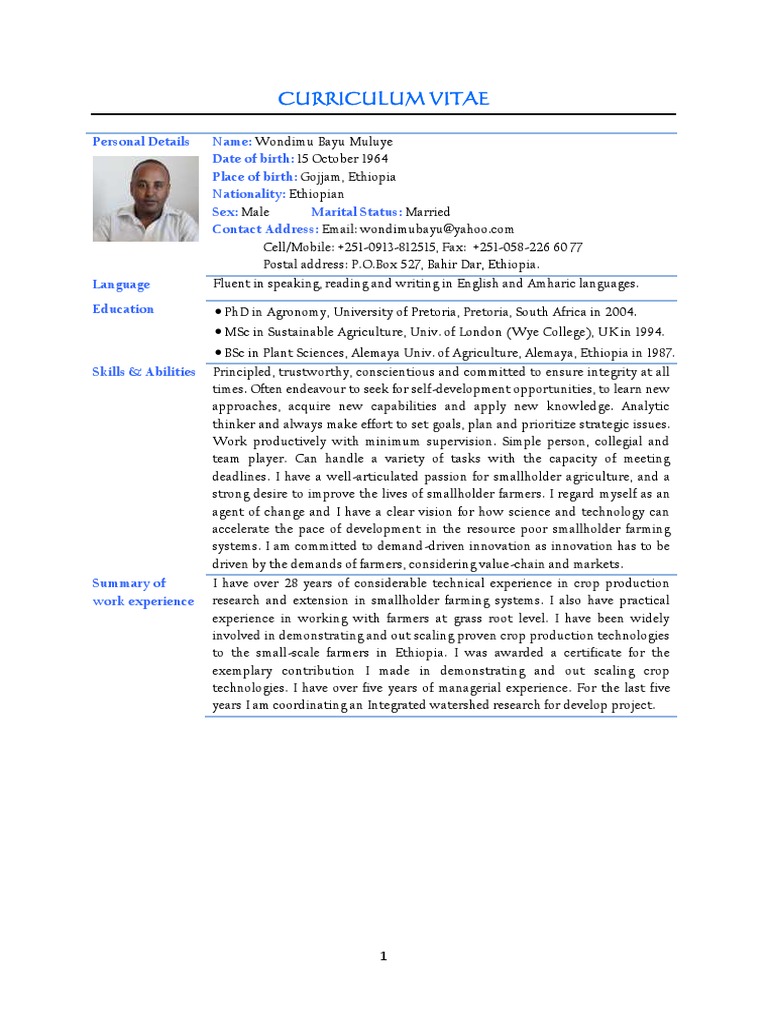 CV Wondimu Bayu 2015 | PDF | Agriculture | Ethiopia