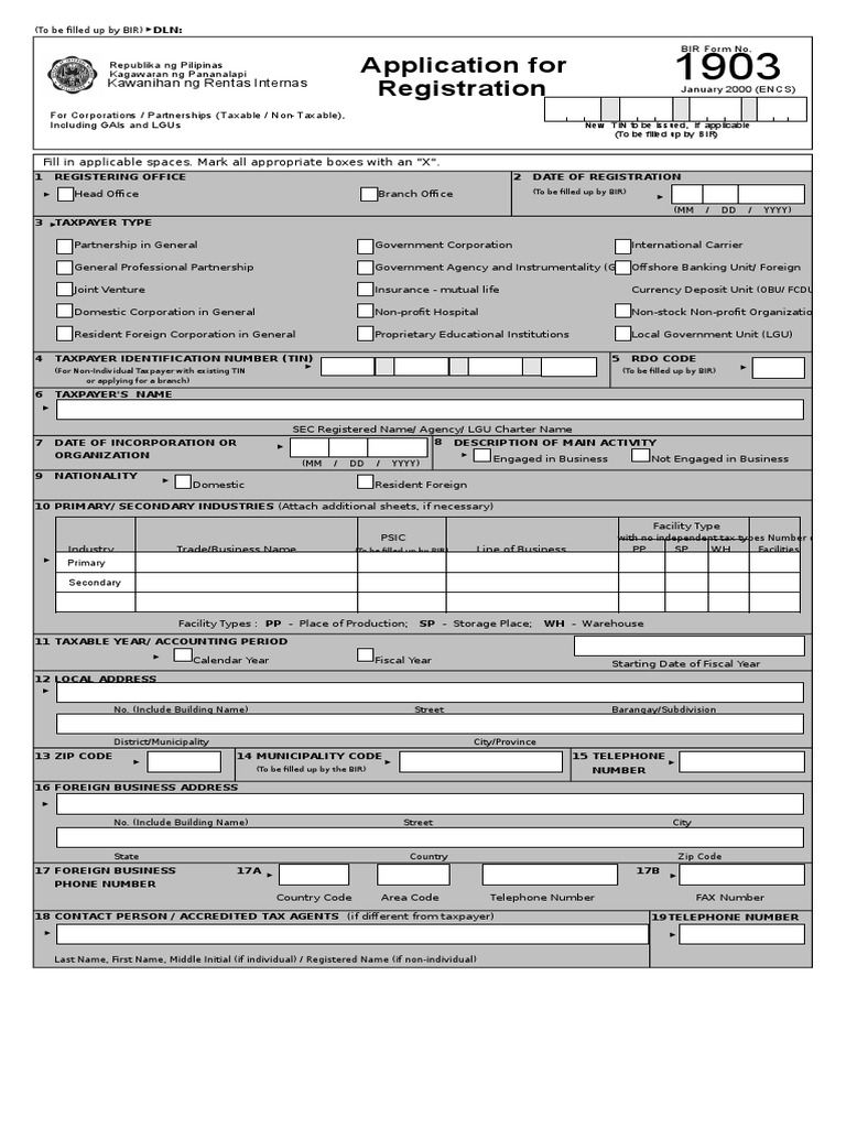 Bir Form 1903 - Registration Corp (Blank) | PDF | Taxpayer | Fiscal Year