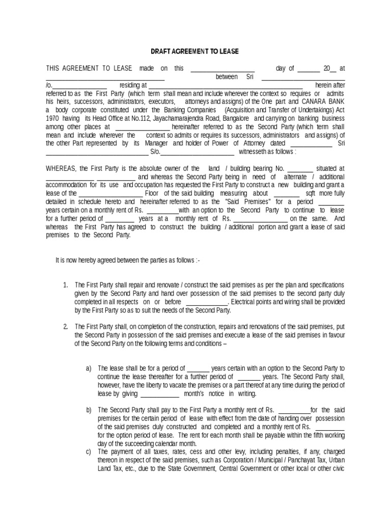 Draft Agreement To Lease | Download Free PDF | Lease | Renting