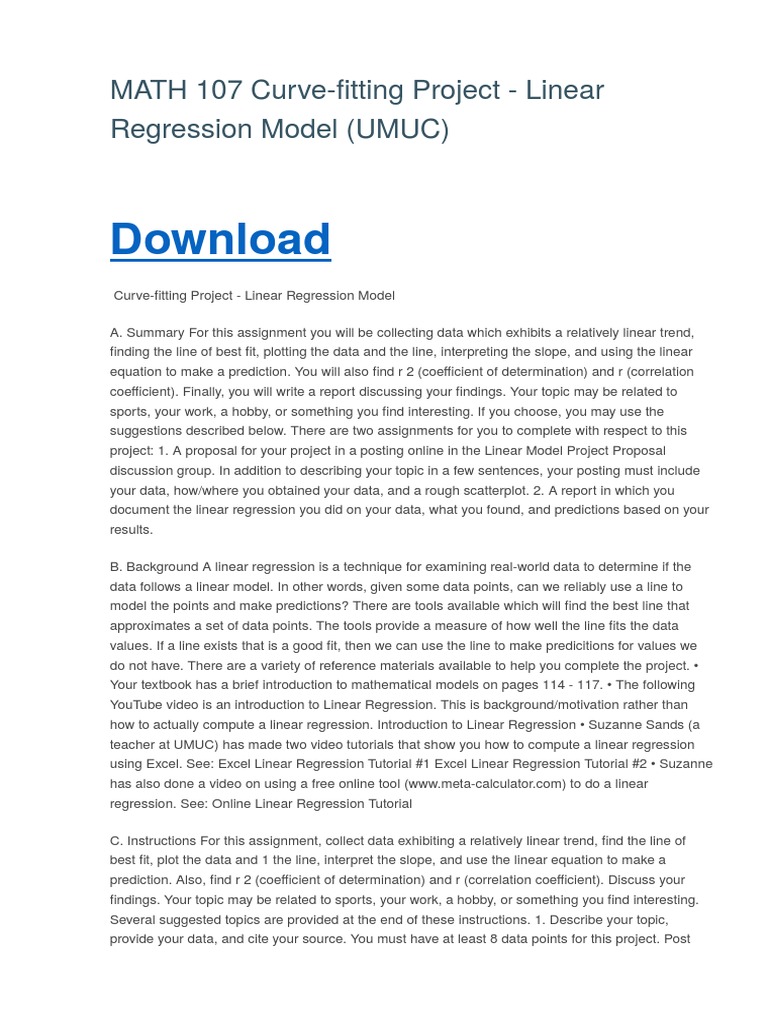 MATH 107 Curve-Fitting Project - Linear Regression Model (UMUC) | PDF | Linear Regression ...