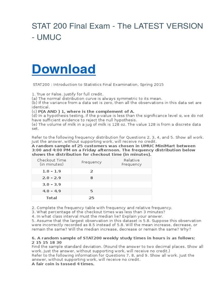 Stat 200 Final Exam - The Latest Version - Umuc | Statistical ...