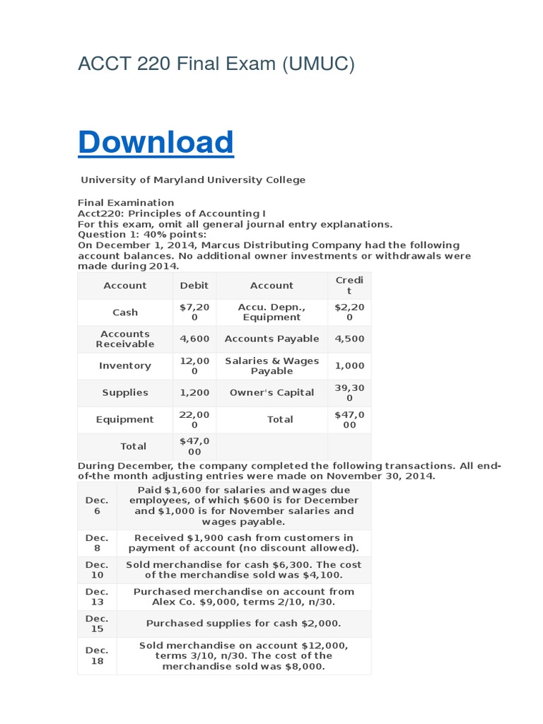 Acct 220 Final Exam Umuc Download Free Pdf Debits And Credits