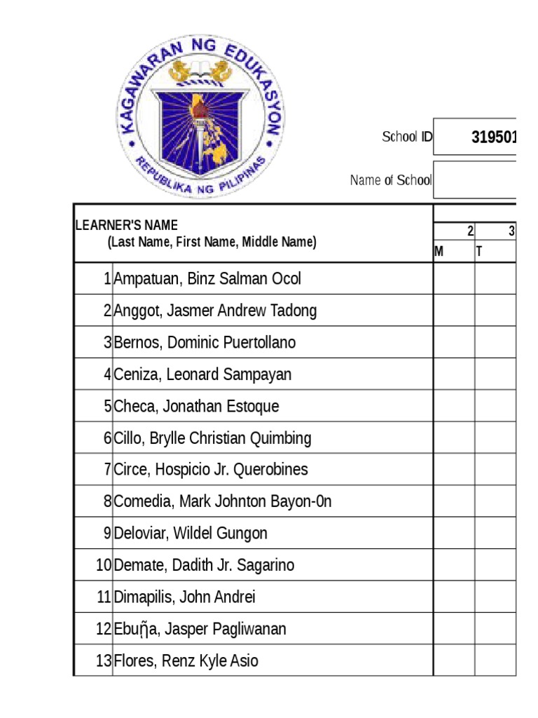 School Form 2 (SF2) Daily Attendance Report of Learners: 319501 Holy ...