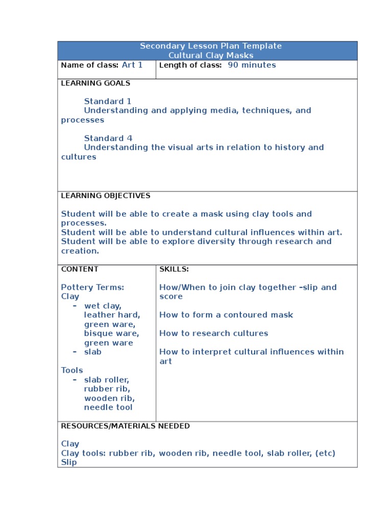 Clay Mask Lesson Plan | Download Free PDF | Mask | Lesson Plan