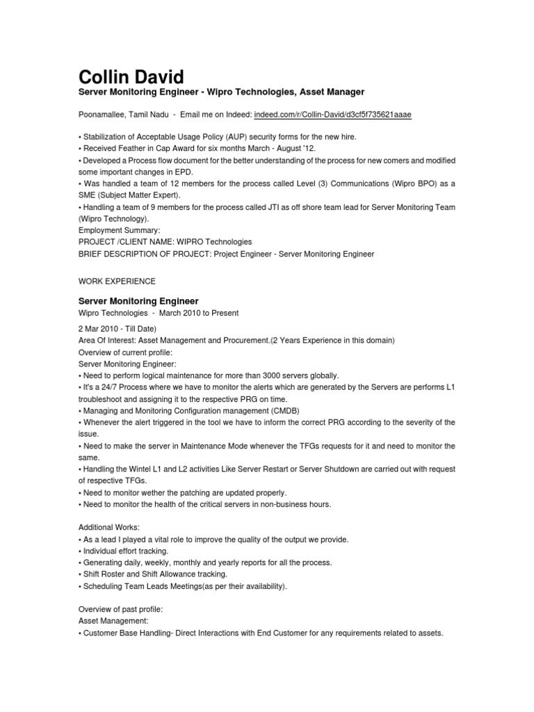 Collin David: Server Monitoring Engineer - Wipro Technologies, Asset ...