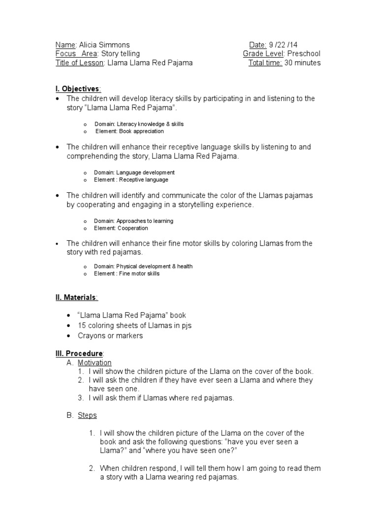 Lesson Plan Story Telling - Llama Red Pajama | PDF | Storytelling ...