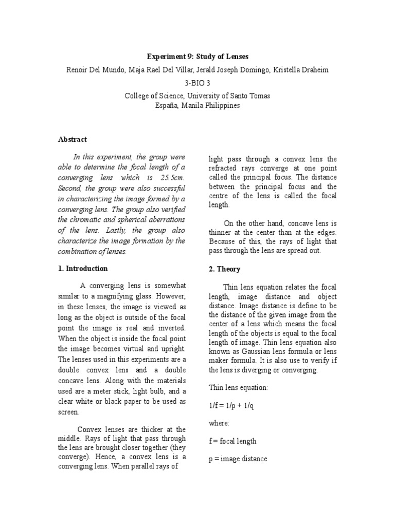 Focal Length and Image Formation of Lenses | PDF | Lens (Optics) | Optics