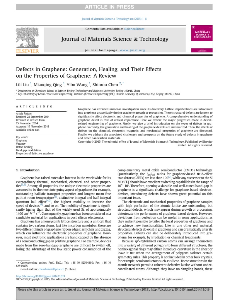 Defects in Graphene Generation, Healing, and Their Effects | PDF ...
