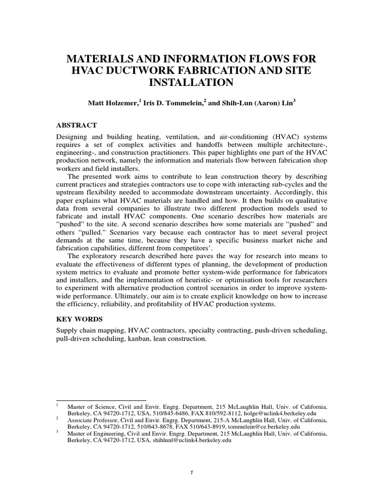 Materials and Information Flows For HVAC Ductwork Fabrication and Site Installation | Download ...