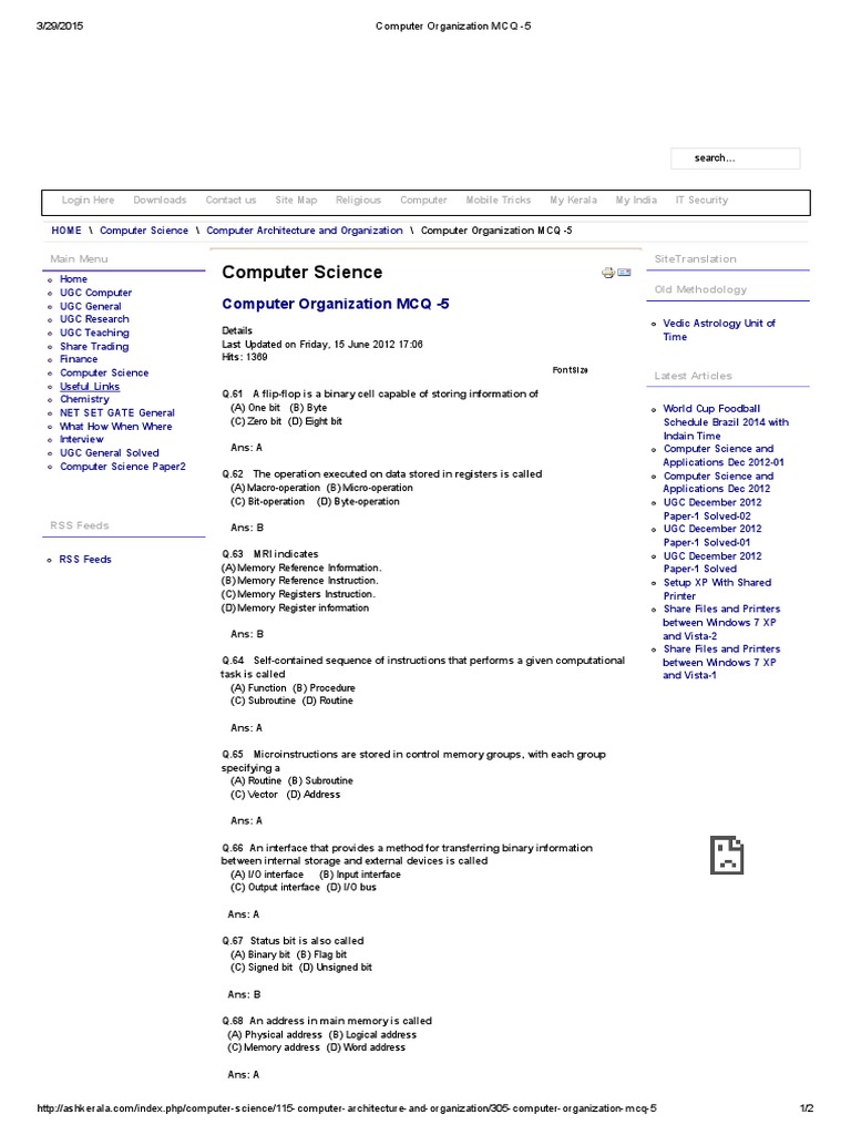 Computer Organization MCQ - 5 | PDF | Input/Output | Bit