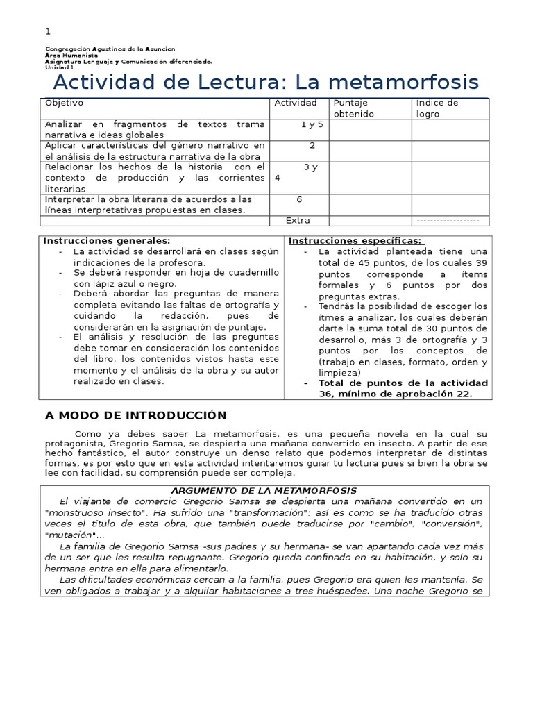 Actividades sobre La Metamorfosis | PDF | Franz Kafka | La metamorfosis