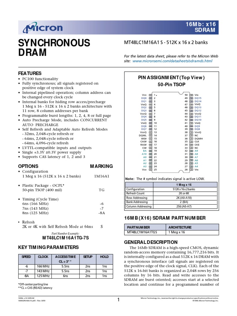 Synchronous Dram: Pin Assignment (Top View) 50-Pin TSOP Features | PDF ...