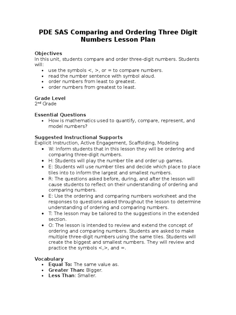 2nd Grade Number Comparison Lesson | PDF | Lesson Plan | Pedagogy