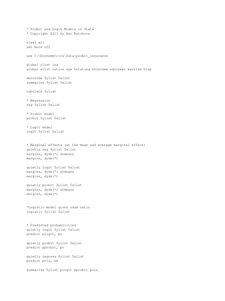 Probit And Logit Models Stata Program And Output Pdf Pdf Logistic 4396