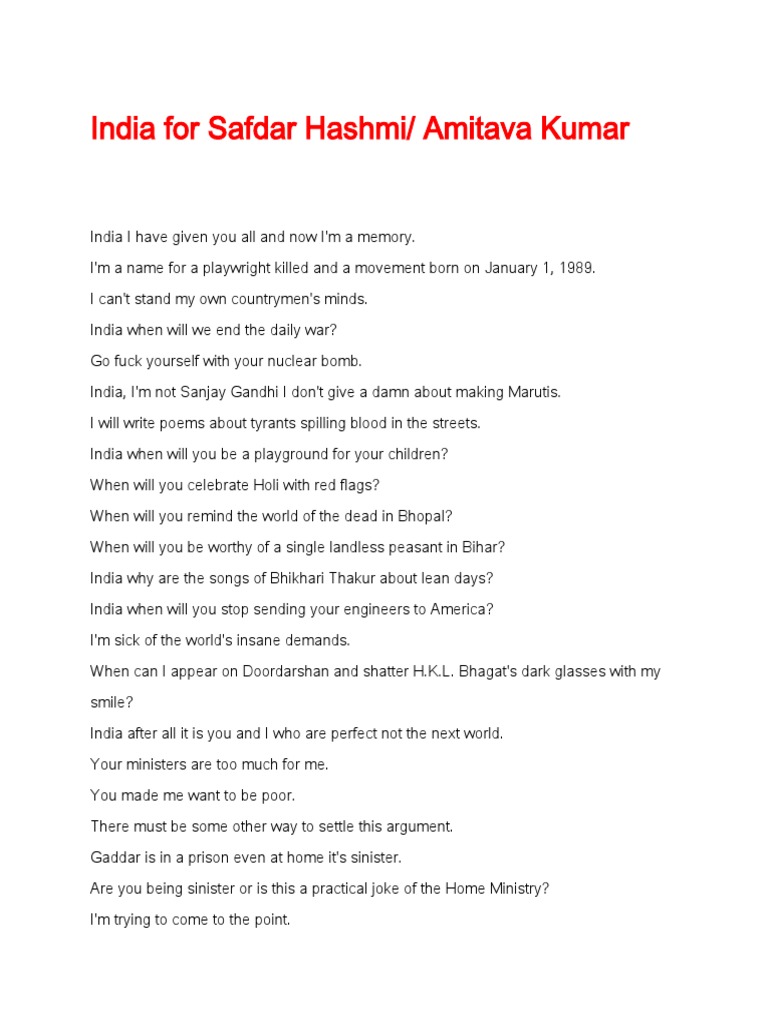 Poem For Safdar Hashmi by Amitava Kumar | PDF | Theatre | Entertainment ...