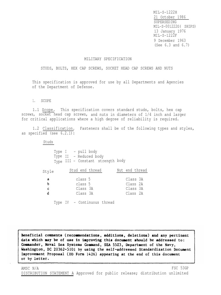 Mil-S-1222 Rev H | PDF | Screw | Nut (Hardware)
