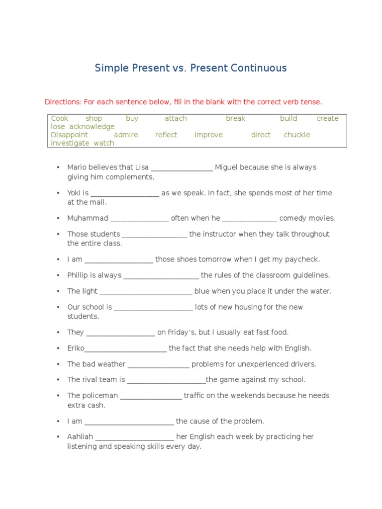 Simple Present Vs Present Continuous Practice | PDF | Self-Improvement