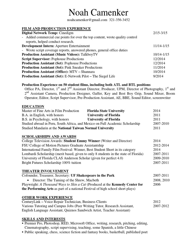 Noah Camenker Resume (2015) | PDF | Games & Activities
