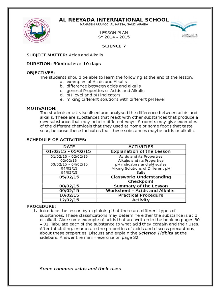 Lesson Plan - Acids and Alkalis | PDF | Acid | Ph