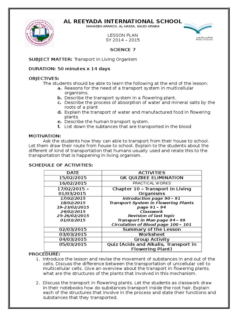 Transport Systems in Living Organisms | PDF | Lesson Plan | Cell (Biology)