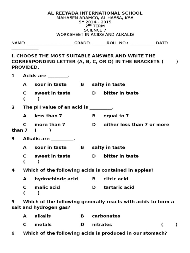 Worksheet Acids and Alkalis | PDF | Acid | Taste